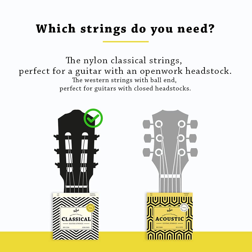 BELFORT® guitar strings classical guitar, strings for classical guitar made of nylon and silver, acoustic guitar (6-string set) - Incl. 4 picks + extra high E-string (028//043) (028//043)