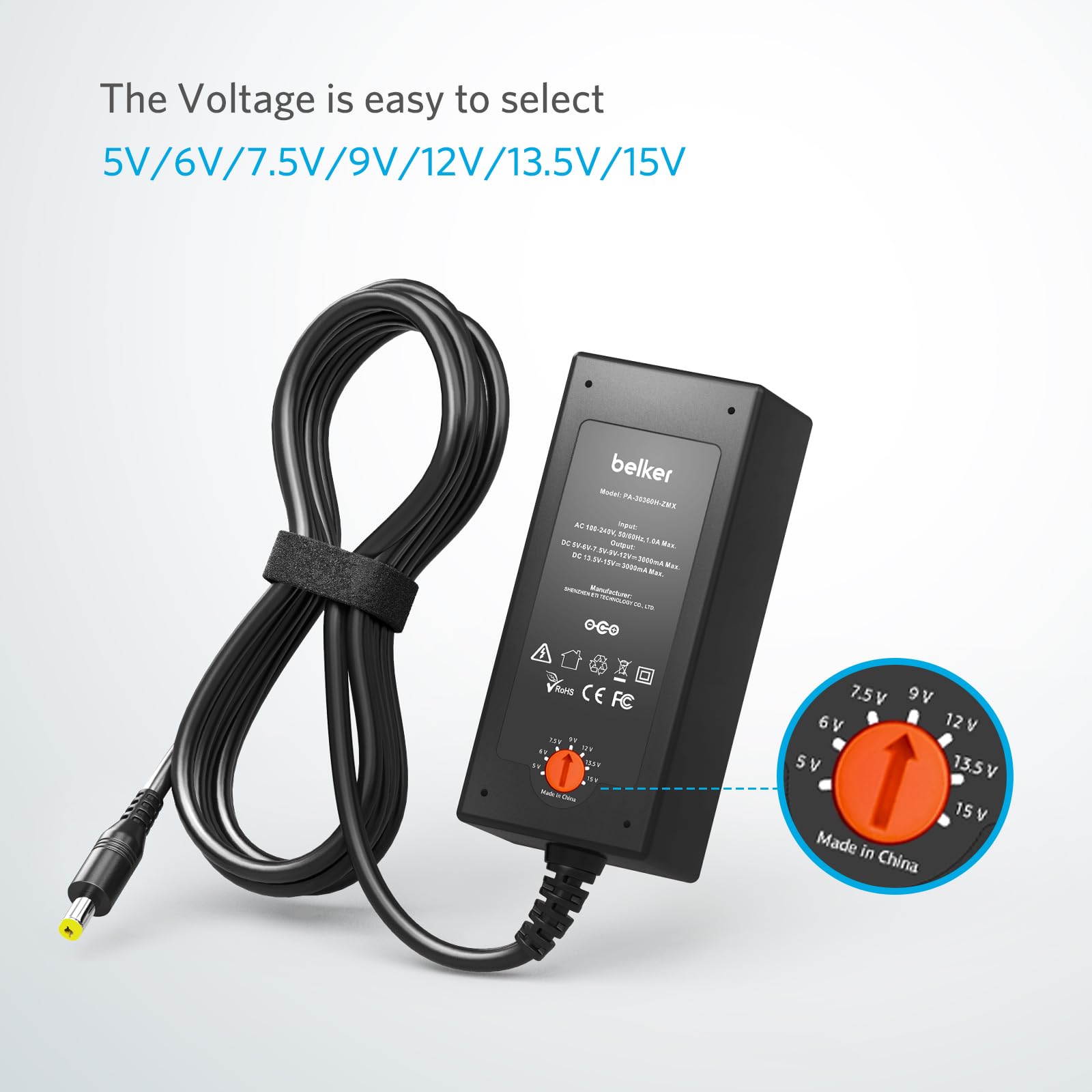 Belker 45W Universal 5V 6V 7.5V 9V 12V 13.5V 15V AC DC Adapter Power Supply for Household Eletronics LCD LED Strip Light Router HUB Speaker Smart Phone Tablet - Support Amps 0.5A 1A 2A 3A 3000mA Max.