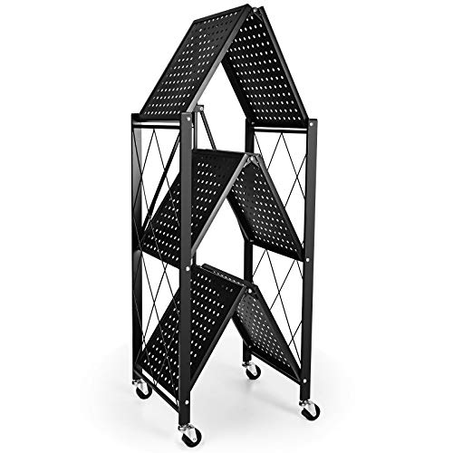 HealSmart 3-Tier Foldable Metal Shelves Heavy Duty Storage Shelving Unit with Wheels, Organizer Shelves for Garage Kitchen Holds up to 750 lbs Capacity, Black,2 Pack