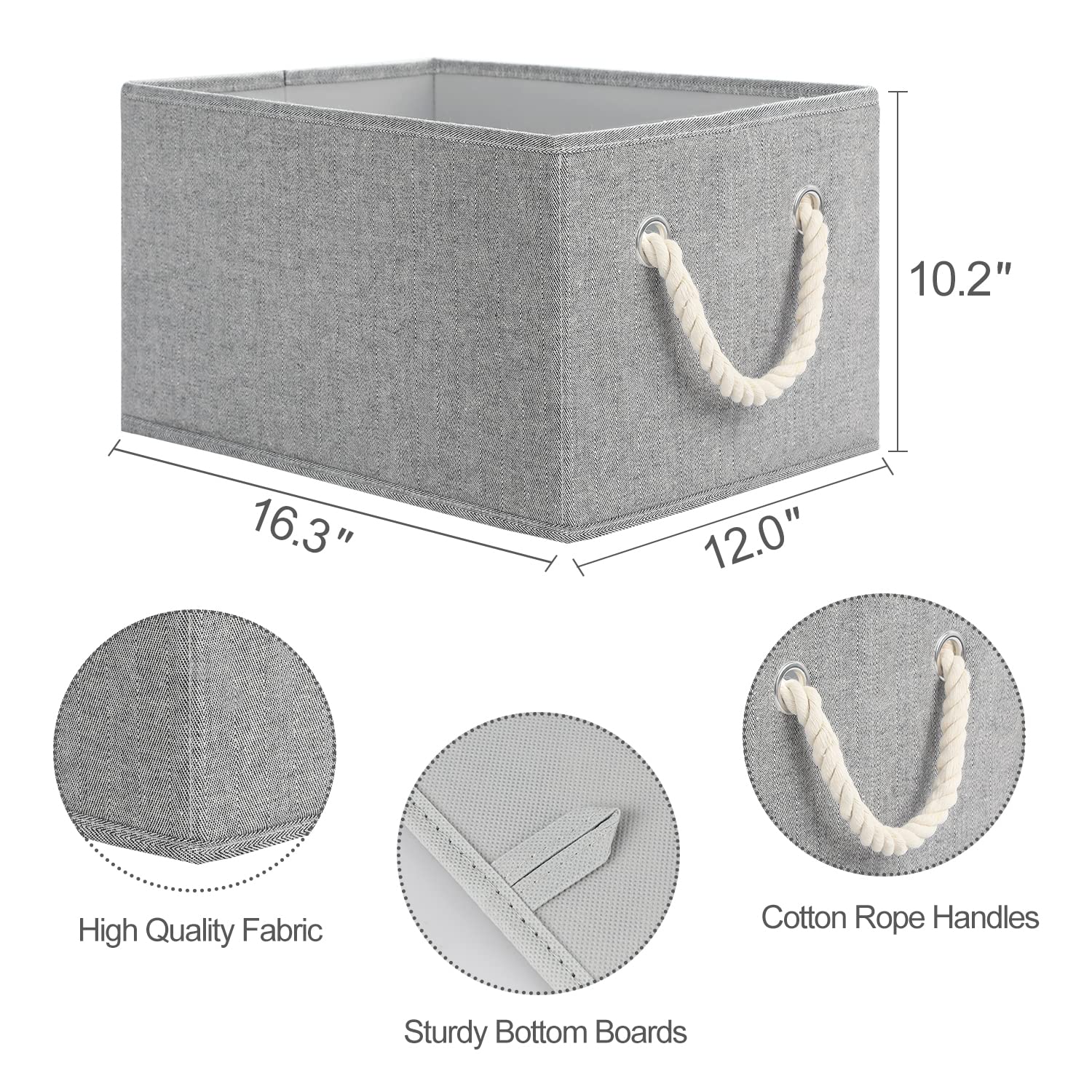 TOPIA HOME Closet Organizers and Storage Bins for Shelves, EXTRA LARGE, 3-Pack Foldable Storage Baskets for Organizing with Rope Handles, Collapsible Fabric Cube Organization Boxes, Gray, TP03DG