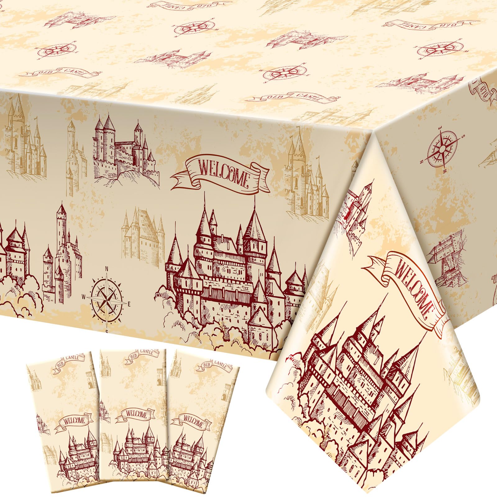 WovWeave 3 Pcs Wizard Tablecloth Wizard Decorations Wizard Party Plastic Table Cloth Disposable Vintage Castle Decor for Wizard Decoration Halloween Witch Party Supplies