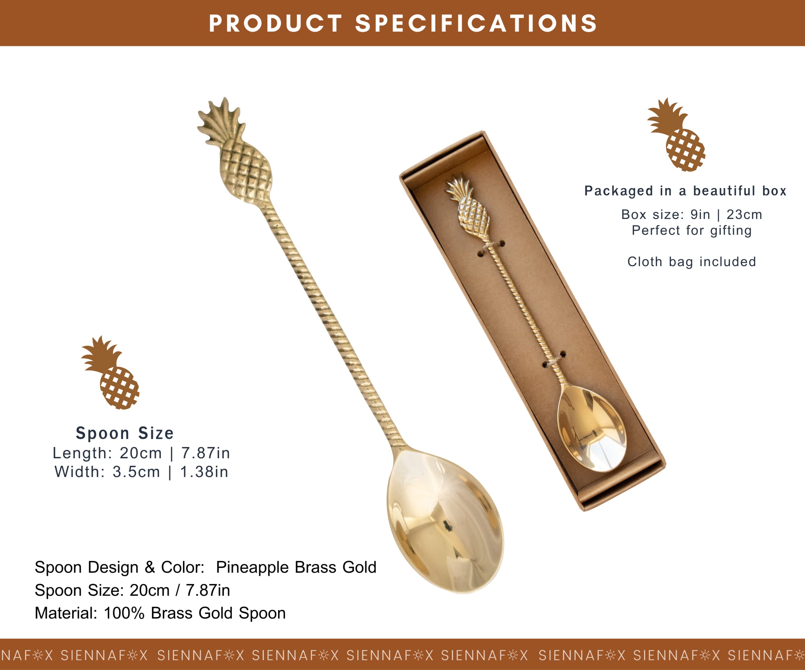 SiennaFox Large Brass Tropical Spoons Smoothies Bowl Gold Dessert Designer Mixing Cocktail Drink Stirrer Iced Coffee Bohemian Decor Bali Golden Decorative tableware Aesthetic Kitchen (Pineapple Spoon)