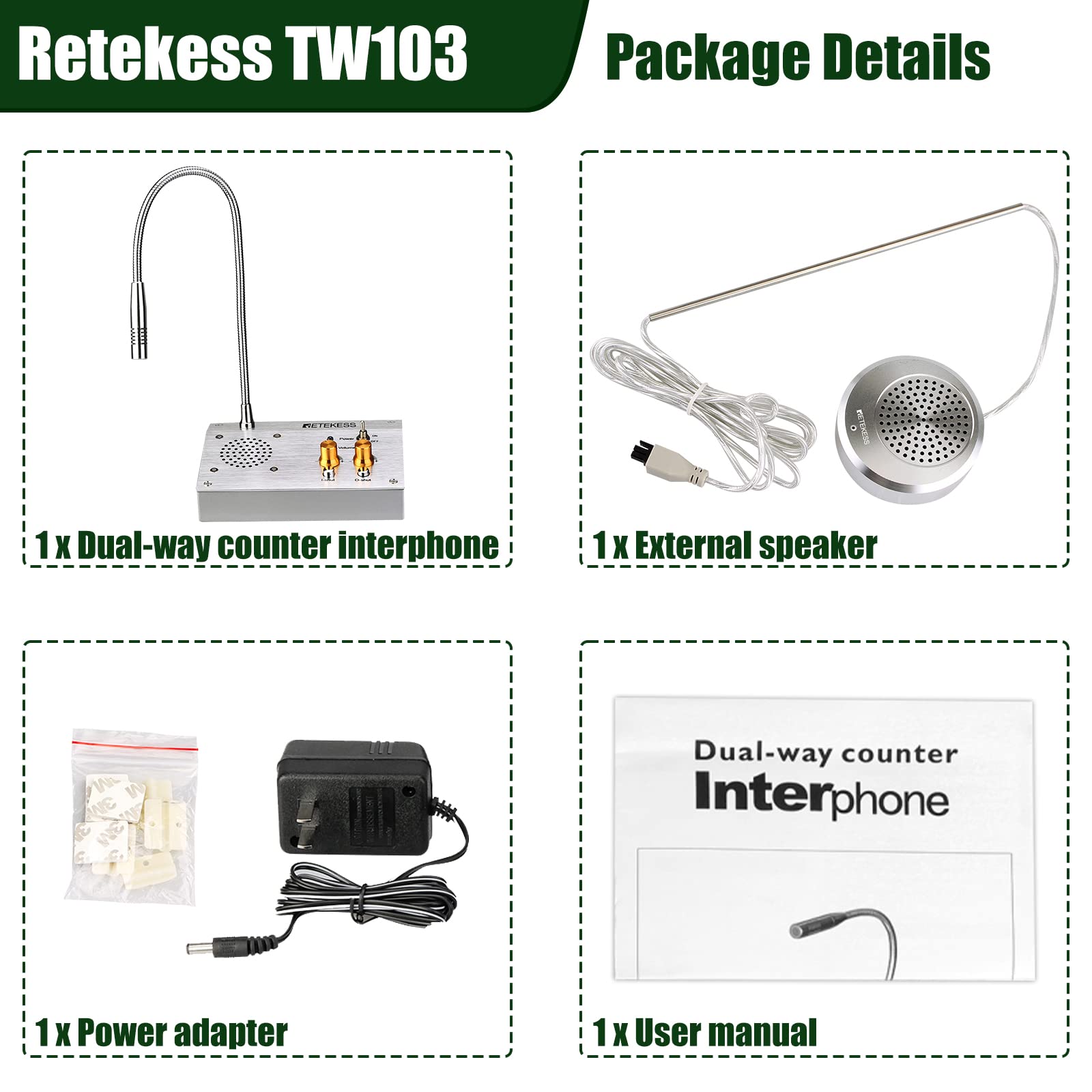 Retekess TW103 Window Speaker, Window Intercom,Independent Volume Control,Recording Function,for Travel Agency,Medical Center