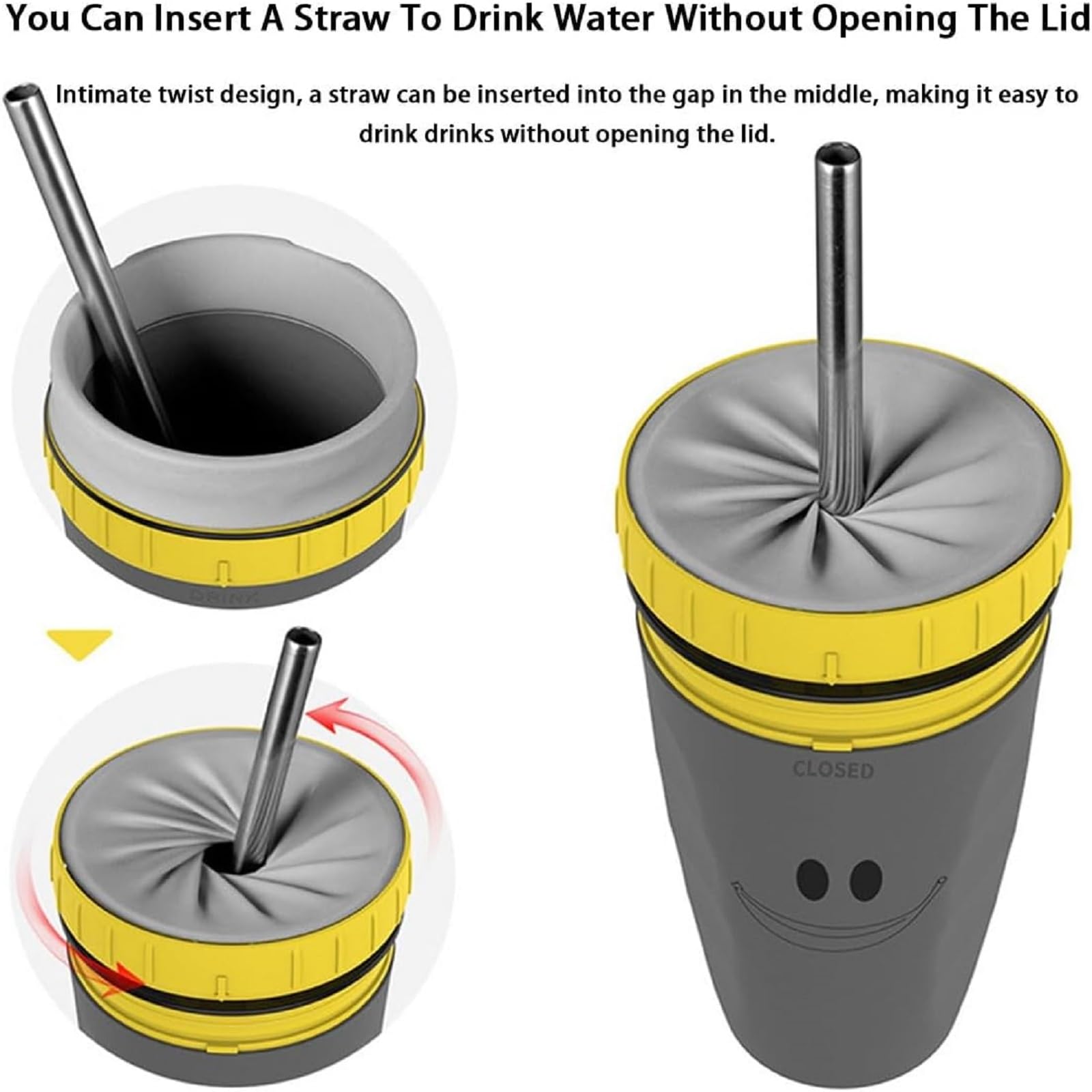 Twizz Cup, Twizz Travel Mug with Straw, Twizz Coffee Cup, Unique Twist Leak Proof Design, Twizz Coffee Cup Aperture Mug with Straw Double Silicone (YELLOW-Smile face)