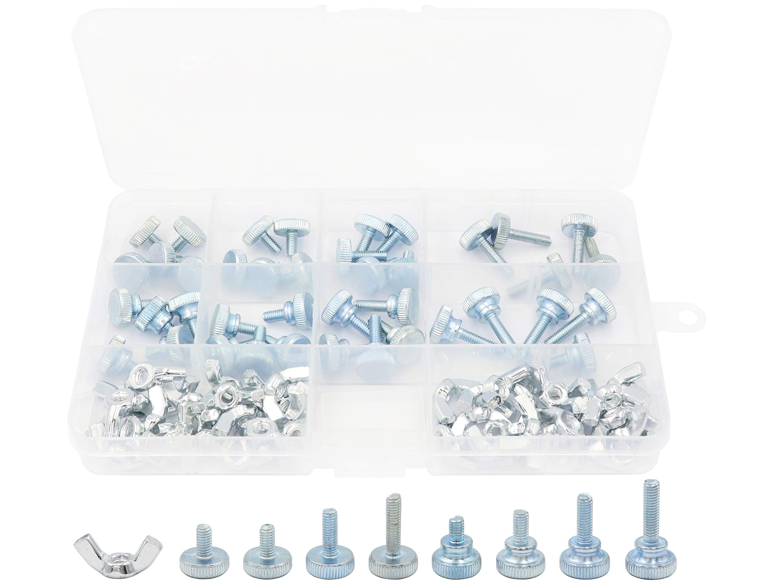 LBY 80pcs Knurled Hand Screw, M4 Flat Knurled Head Fully Threaded Thumb Screws and Wing Nuts 9 Sizes Assortment Kit, Carbon Steel Galvanize
