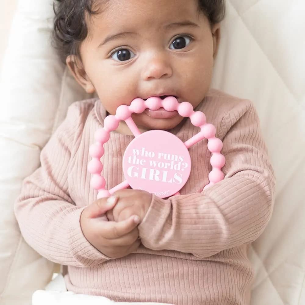 Bella Tunno Happy Teether for Girls– Soft & Easy Grip Baby Girl Teether Toy, Silicone Teether Ring to Help Soothe Gums, Non-Toxic and BPA Free, Who Runs the World