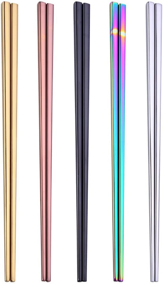 HuaLan Metal Chopsticks 18/8 Stainless Steel Chopsticks Japanese Korean Chopsticks Dishwasher Safe Resistant to Acids and Alkalis Fadless Anti-slip Reusable Chop Sticks 5 Pairs Gift Set - Multicolor