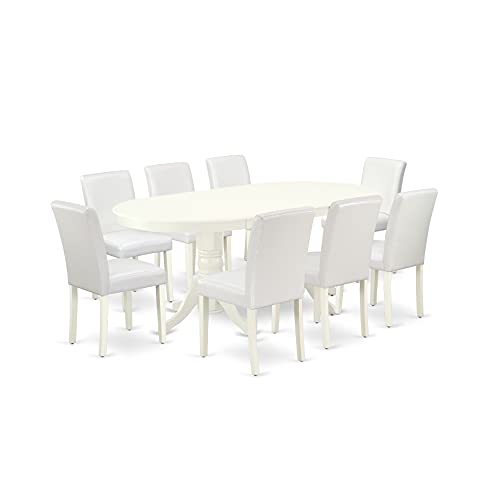 East West Furniture VAAB9-LWH-64 9Pc Dinette Set Includes a 59/76.4 Inch Oval Dining Table with Butterfly Leaf and 8 Parson Chair with Linen Leg and PU Leather Color White, 9 Pieces