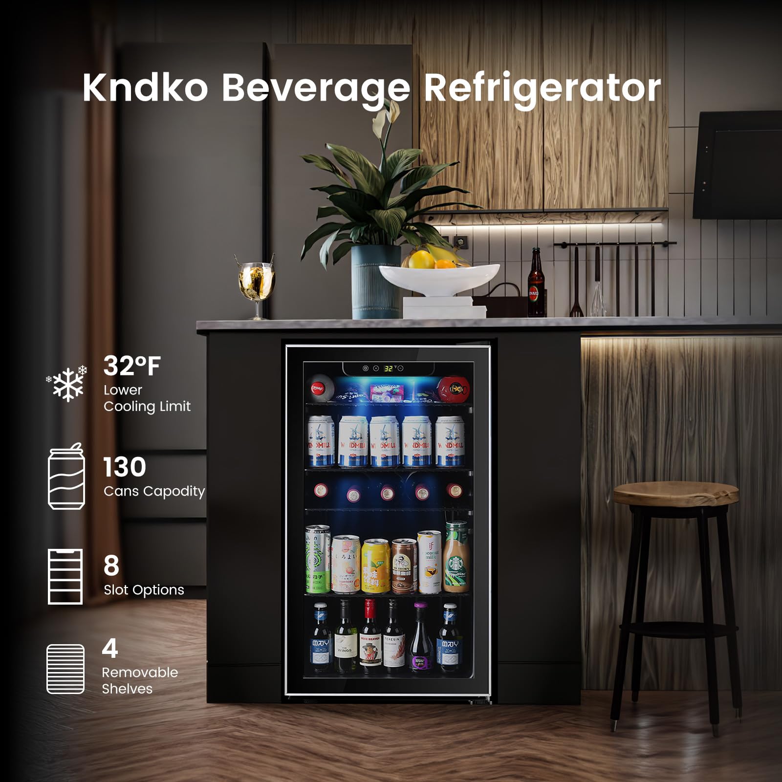 Kndko Mini Beverage Refrigerator and Cooler - 130 Can Mini Fridge with Glass Door, Digital Temperature Control, LED Light, Reversible Door, Perfect for Home, Office, Bar, and Game Room - 3.2 Cu.Ft