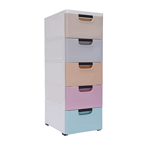 Gdrasuya10 Plastic Storage Cabinet with Wheels, 5 Drawers 33 Inch Tall Kids' Dresser Organizer for Clothes, Children's Room Bedroom Furniture (Colorful)