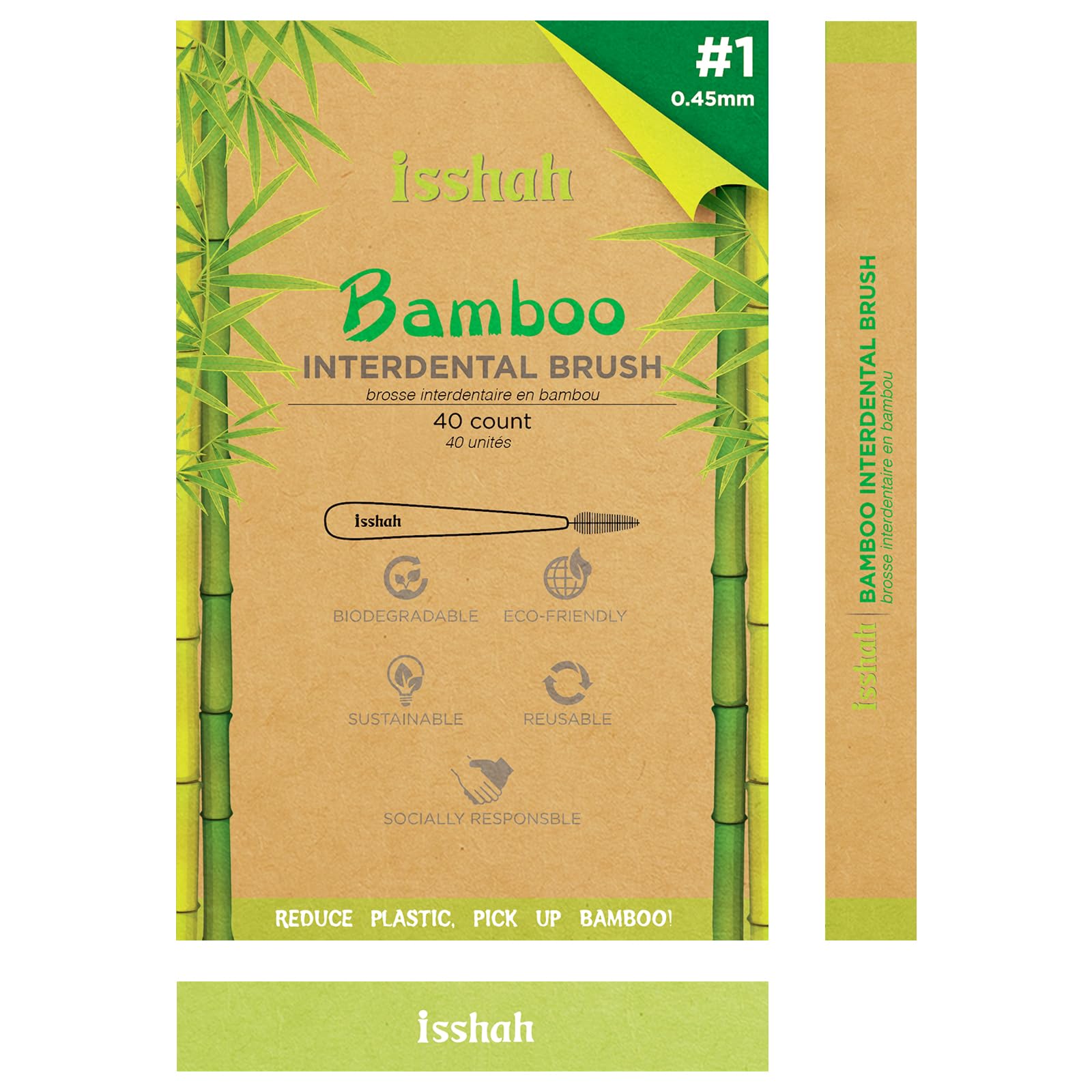 Isshah Biodegradable Bamboo Handle Interdental Brushes Between Teeth Cleaner Deep Clean Toothpick, FSC Certified and PETA Approved, Size 1 (0.45mm), 40 Count