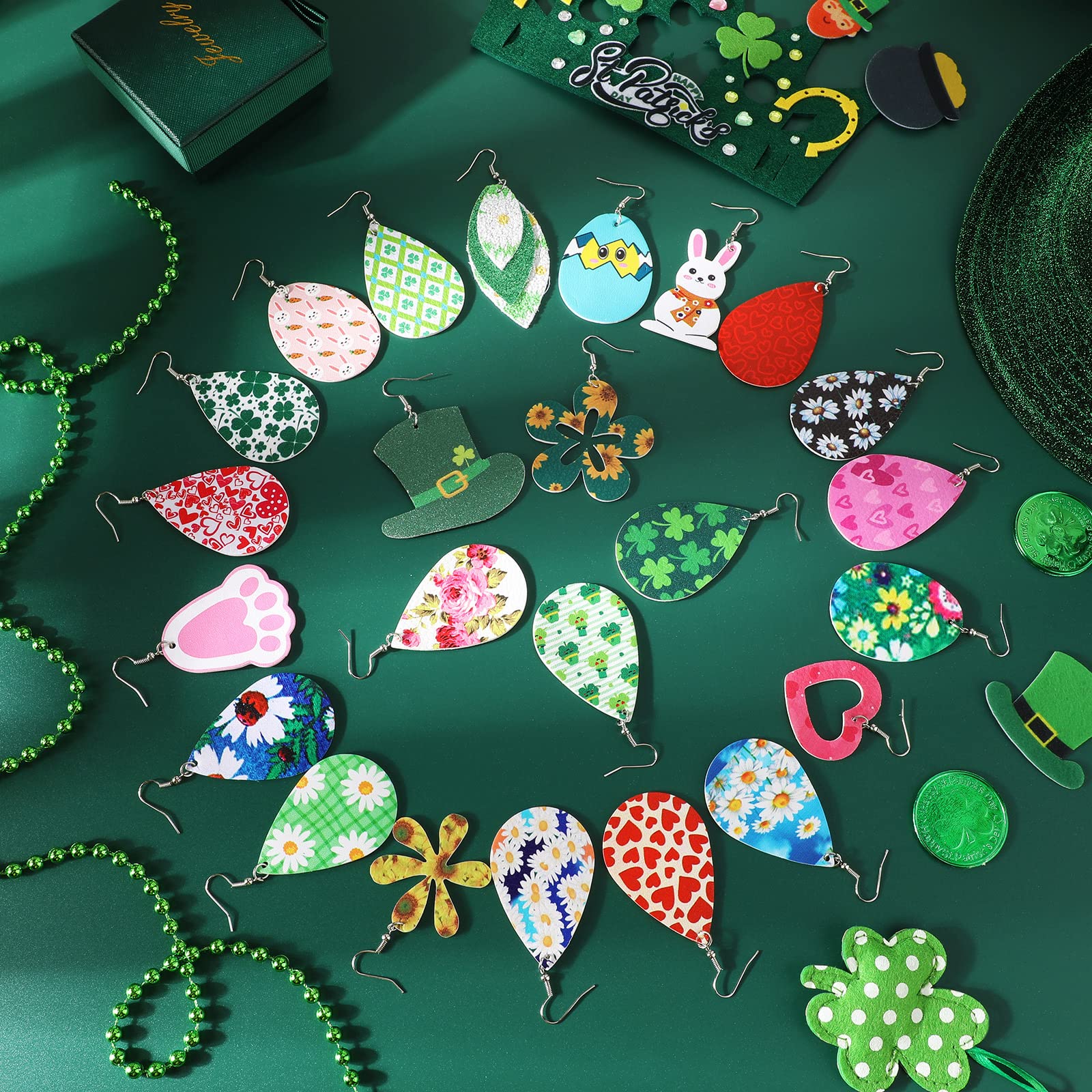 24 Pairs Easter Faux Leather Earring for Women Girls Lightweight Spring Leaf Dangle Teardrop Earrings Set St. Patrick's Day