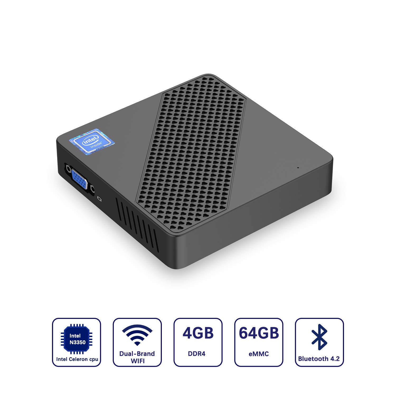 KODLIX Mini PC, Celeron N3350 Dual-Core Processor, 4GB LPDDR4 64GB eMMC, Fanless Mini Desktop Computer Support 4K HD/HDMI+VGA Port/Dual WiFi/Gigabit Ethernet/BT 4.2