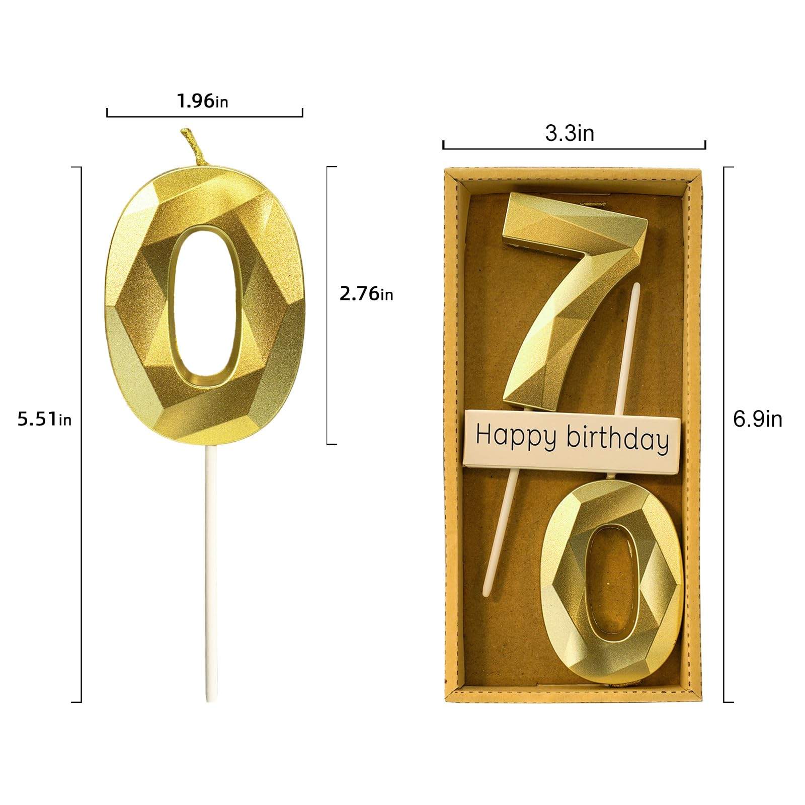 70th Gold Birthday Candles, Number 70 Glitter 3D Diamond Designs Cake Topper Party Decoration for Women Girl Party Celebration