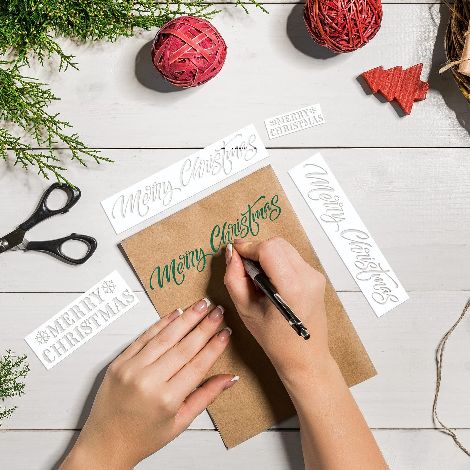 4 Pieces Merry Christmas Stencil Reusable Stencils for Painting Christmas Decoration Painting Template for Furniture, Wall, Window, Fabric, Wood,4 Different Sizes (Merry Christmas)