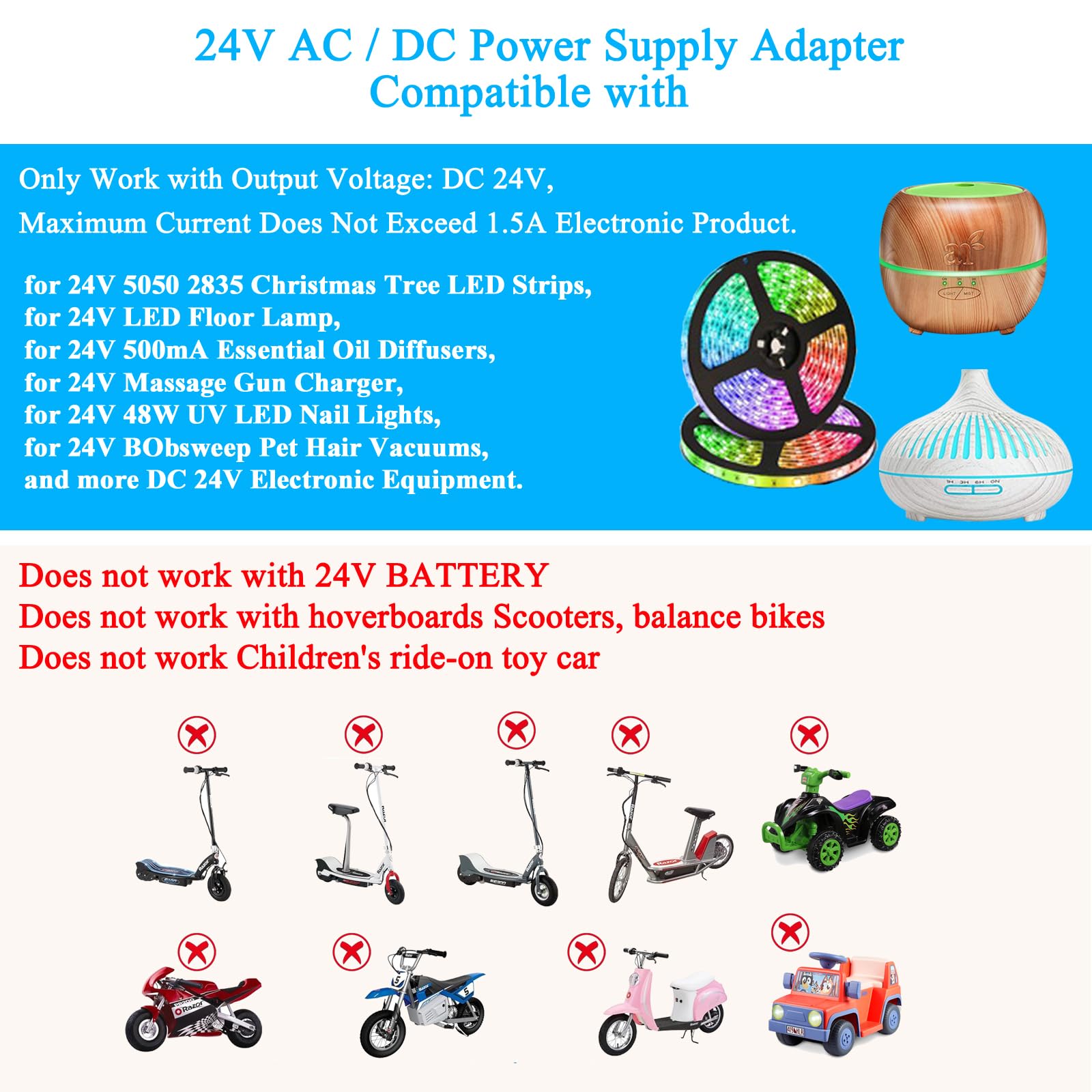 TKDY 24V DC Power Supply Cord, 100-240V AC to DC 24 Volt 1.5A 1A 0.5A 24Vdc Power Adapter, for DC24V LED Strip Lights Diffuser Humidifier and More (Not 24V Battery Charger).