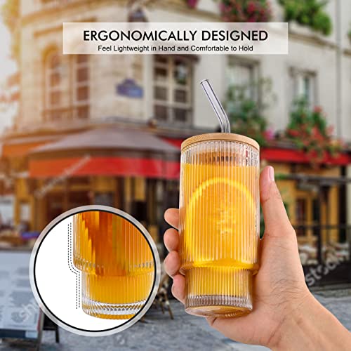 BOICHU Ribbed Glassware Set of 4, Ribbed Glass Cups with Lids and Straws - Vintage Ribbed Drinking Glasses with Bamboo Lids, 11 OZ Cute Fluted Glassware for Iced Coffee,Cocktail,Beer,Smoothie,etc