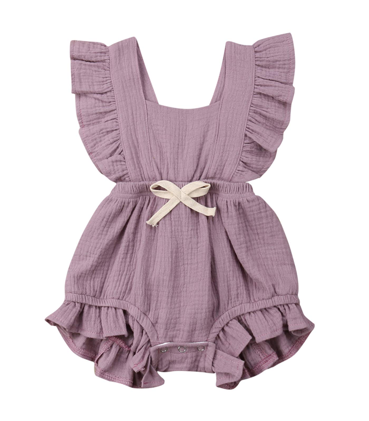 VISGOGO Toddler Baby Girl Ruffled Rompers Sleeveless Cotton Romper Bodysuit Jumpsuit Clothes (6-12 Months, Purple)