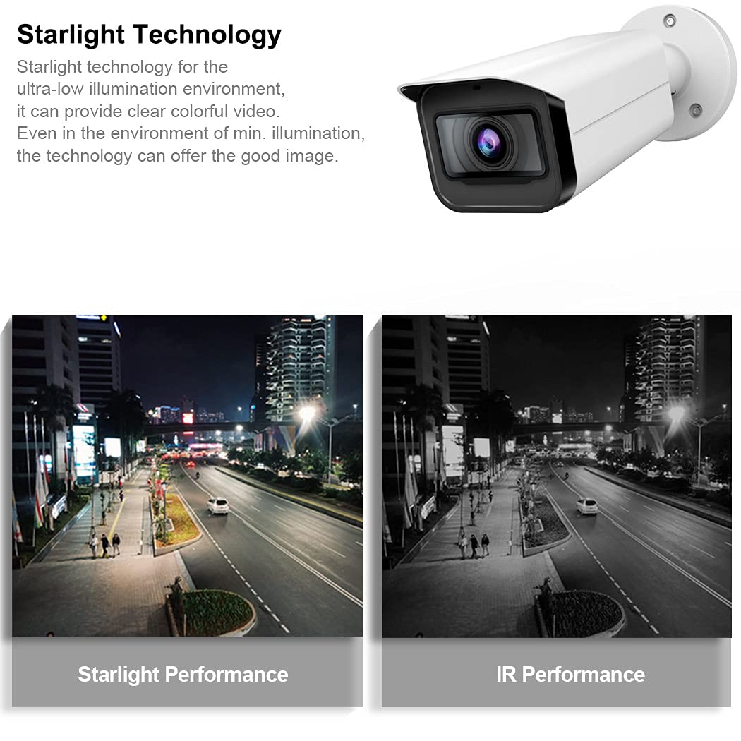 Starlight 8MP Poe Camera, 5X Optical Zoom with 196ft Night Vision, Audio Alarm in/Out Ports for Two-Way Audio Instant Alarm, SD Card Slot,WDR,IP67, 4K Security IP Camera(NO Logo)