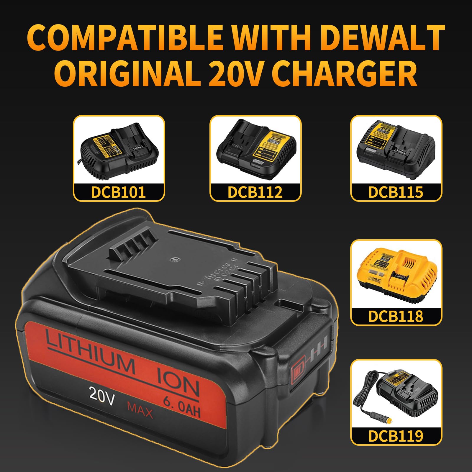 EOHJAR 2 Pack 20V 6.0Ah Replacement Battery Compatible with Dewalt 20V Battery Max XR Lithium ion DCB204 DCB206 DCB200 DCB180 DCD985B DCD771C2 DCS355D1 DCD790B