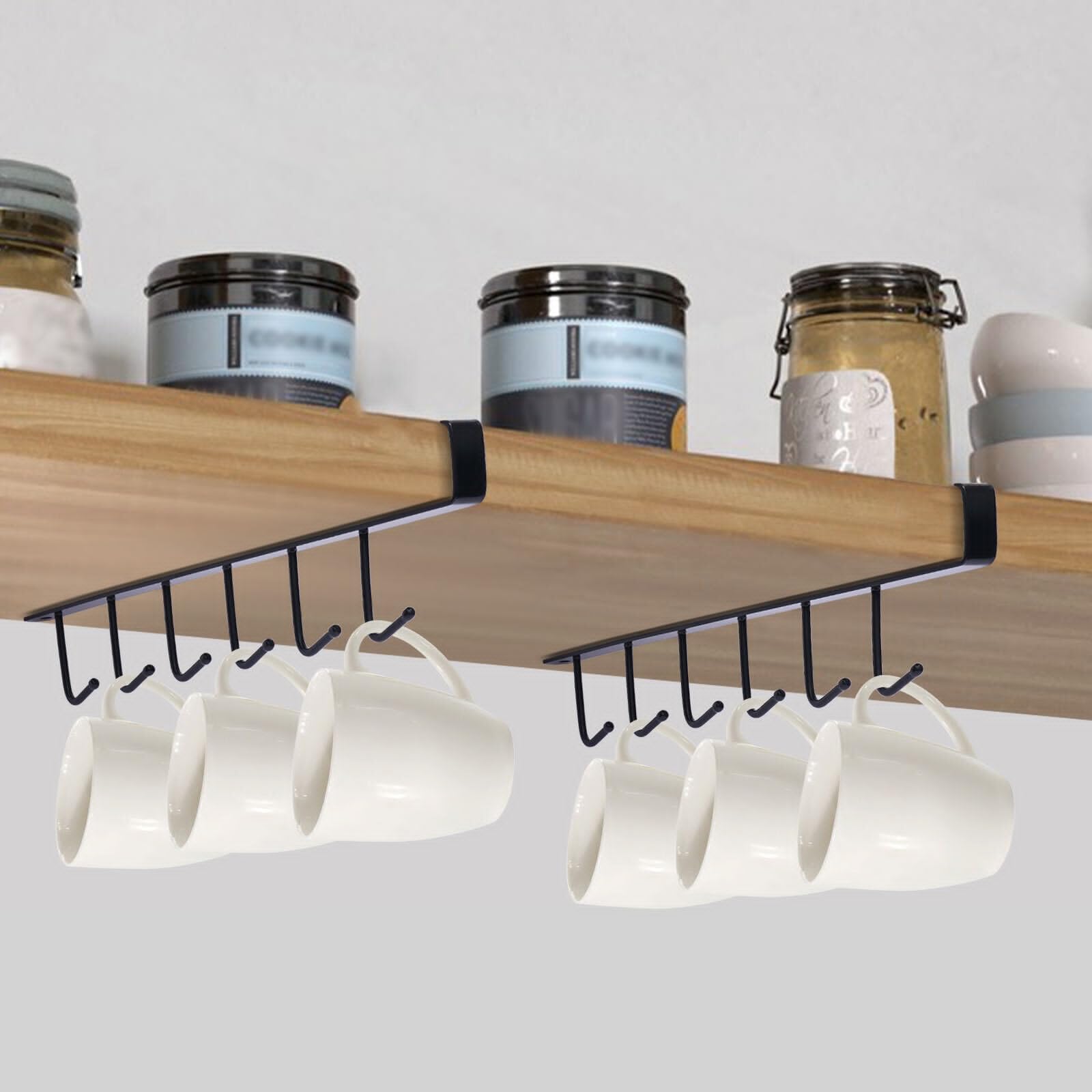 2PCS Kitchen Hook, 6-Hooks Mug Hooks, Mug Holder Rack Under Cabinet, Cups Wine Glasses Storage Hooks, Coffee Cup Mug Holder, Mug Hooks Under Shelf, Racks Under Cabinet, for Flat Buttom Cabinet