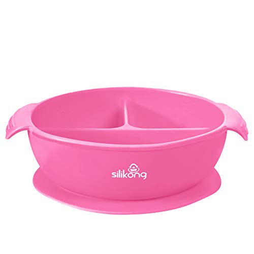 Silikong Divided Suction Bowl for Toddlers | BPA Free | Microwave, Dishwasher and Oven Safe | Fits Most Highchair Trays | Stay Put Baby Feeding Plates and Dishes for Kids and Infants (Pink)