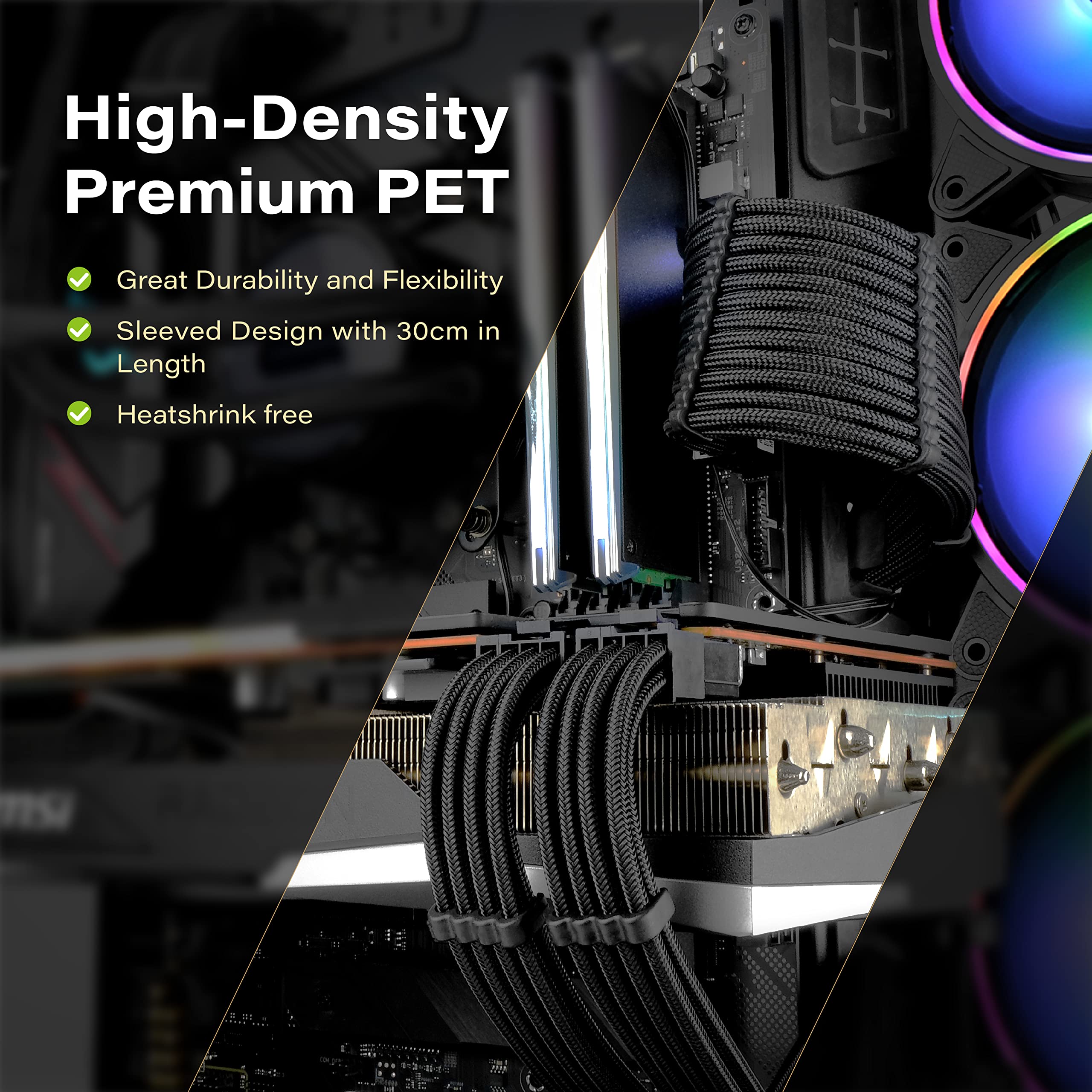 EZDIY-FAB PSU Cable Extension Sleeved Custom Mod GPU PC Power Supply Soft Nylon Braided with Comb Kit 24PIN/8PIN to 6+2Pin/ 8PIN to 4+4PIN-30CM 300MM - Black