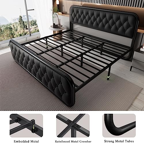 Feonase King Bed Frame with Rhombus Button Tufted, Oval-Shaped Metal Platform Bed with Faux Leather Headboard, Strong Slats Support, 12" Under-Bed Storage, Noise-Free, Easy Assembly, Black
