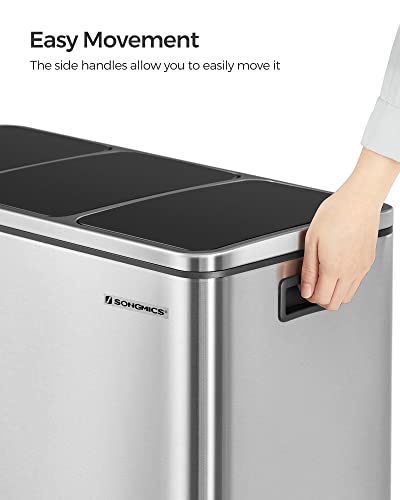 SONGMICS Trash Can, 3 x 4.8 Gallon Garbage Can, 14.4 Gallon Recycle Bin with Soft-Close Lids, Pedals, and Inner Buckets for Kitchen, Stainless Steel, Silver and Black ULTB54NL