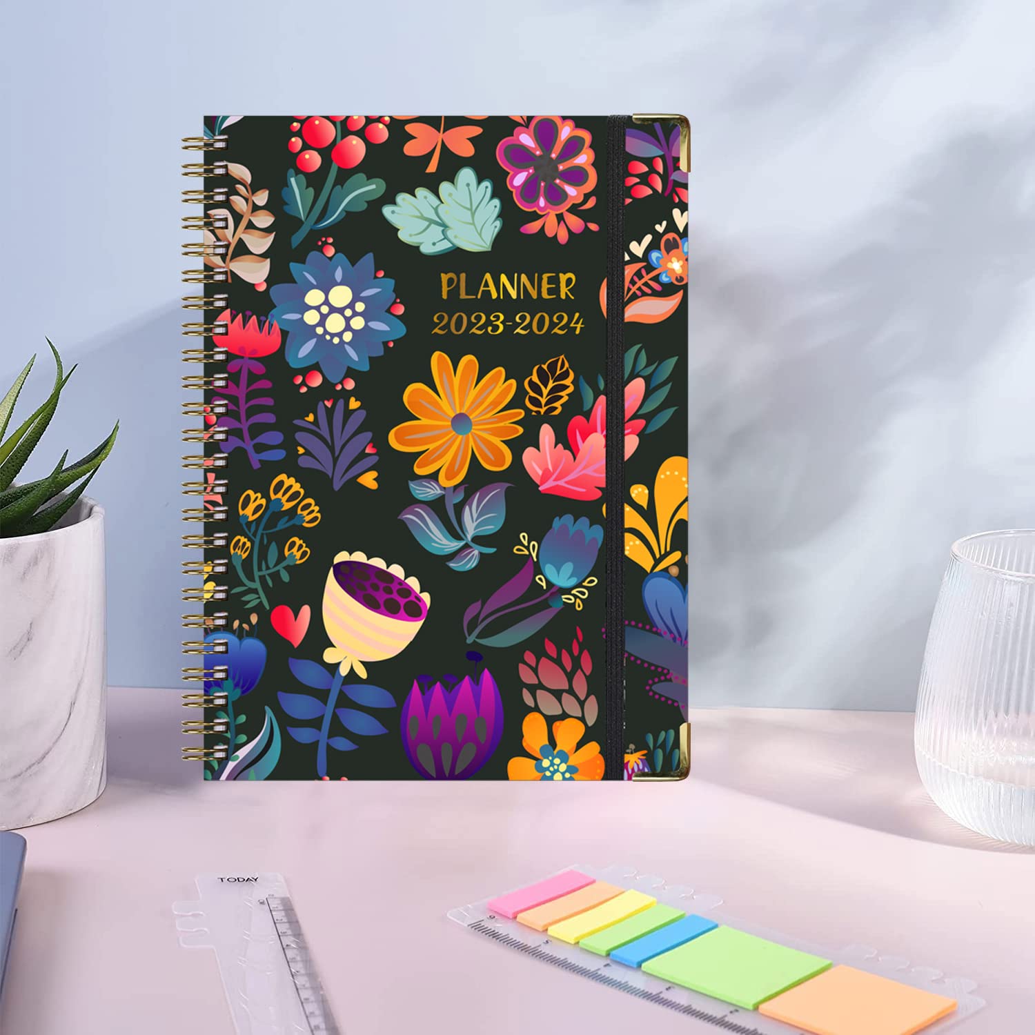 2023 Planner, Jul. 2023 – Jun. 2024, Academic Planner 2023-2024, 8.4" x 6.2" with Weekly & Monthly Spread, Spiral Planner Notebook, Elastic Closure, Inner Pocket, Coated Tabs, Floral