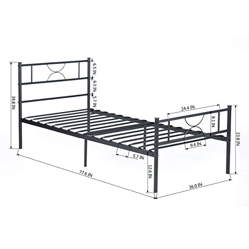 FurnitureR Twin Size Metal Slat Bed Frame Mattress Foundation, Heavy Duty Platform with Headborad and Under Bed Storage, No Box Spring Needed, Support Non-Slip, Black