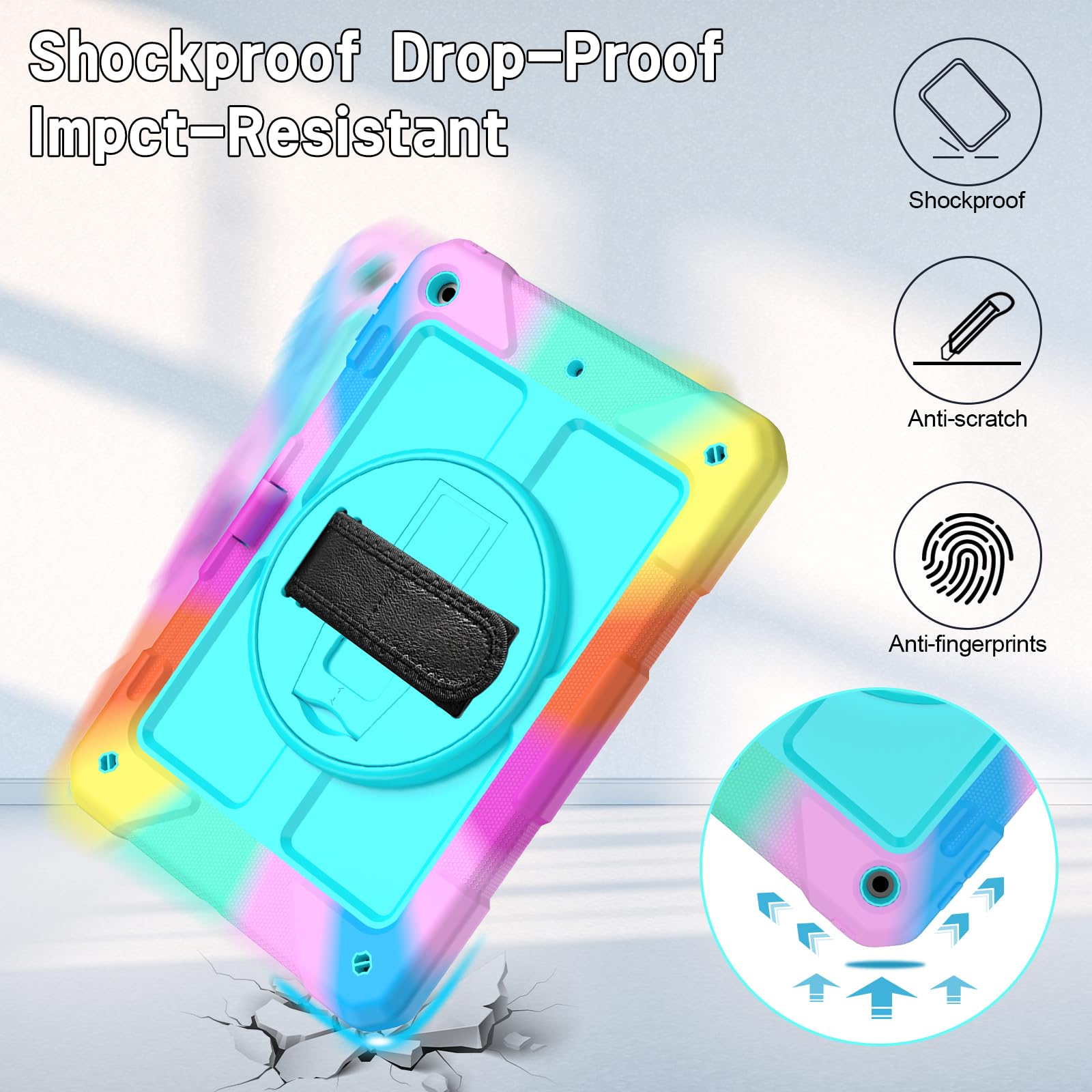 LTROP Case for iPad 9th/ 8th/ 7th Generation (2021/2020/2019), Shockproof 10.2” iPad Cover with Shoulder Strap Pen Holder Swivel Stand, Aqua Teal