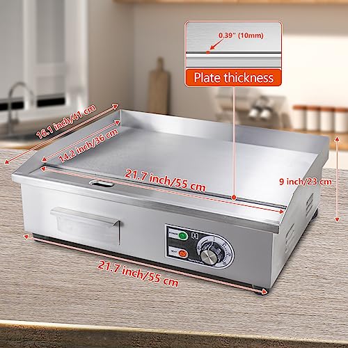 ExGizmo 22" Commercial Electric Griddle,Electric Countertop Flat Top Griddle,110V 1600W Electric Flat Top Grill,Non-Stick Restaurant Teppanyaki Stainless Steel Grill,Adjustable Temperature Control