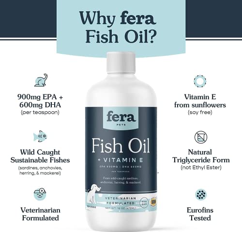 Fera Pets Fish Oil for Dog and Cat with DHA, EPA, Vitamin E and Omega-3 Fatty Acids – Liquid Fish Oil Supplement - Brain Function & Immune Health 16 oz