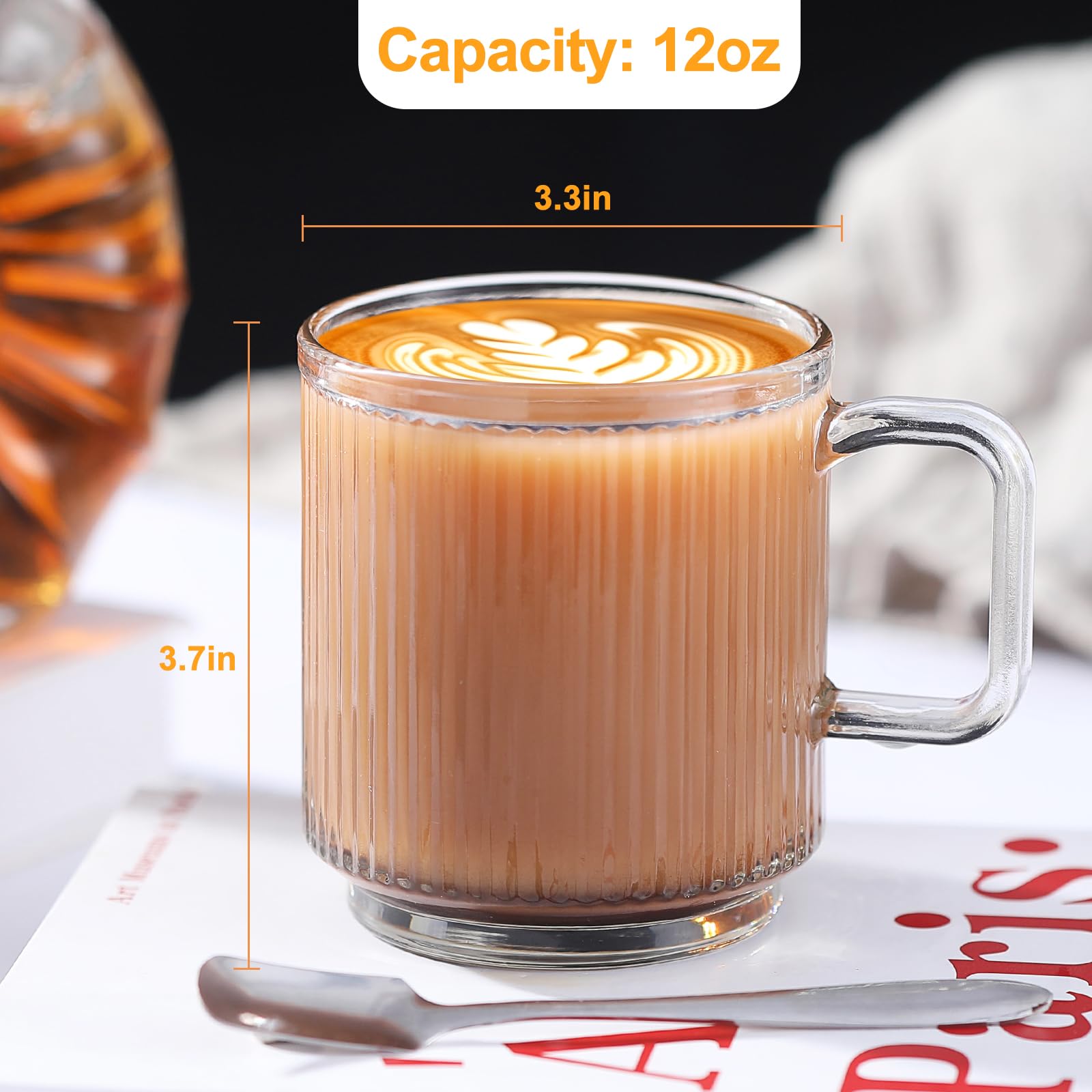 6PCS Premium Glass Coffee Mugs Classic Vertical Stripes Clear Tea Cups Latte Cup for Cappuccino Espresso, 12oz