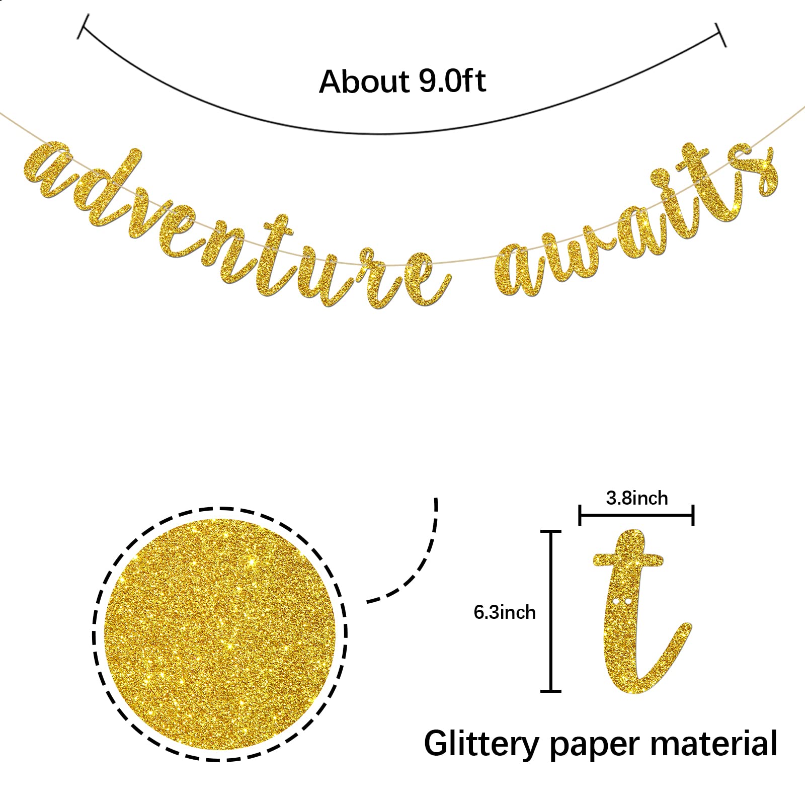 Adventure Awaits Banner, Wedding Engagement Party Bunting Decor, Congrats Grad, Birthday Retirement Sign Graduation Party Decorations Gold Glitter