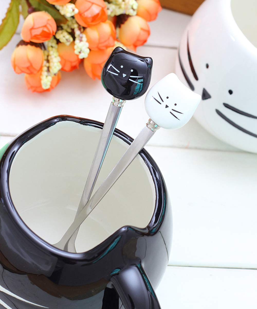 Honbay 2PCS Cute Cat Spoon Stainless Steel Tea Spoon Coffee Spoon Sugar Spoon for Cat Mug, Black and White