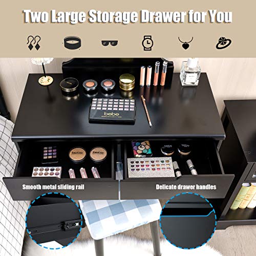 AUGESTER Vanity Set with 8 Lighted Bulbs Mirror, Makeup Dressing Table w/Replaceable and Adjustable Lights Cushioned Stool & 2 Sliding Drawers, Compact Makeup Table Chair for Bedroom (Black)