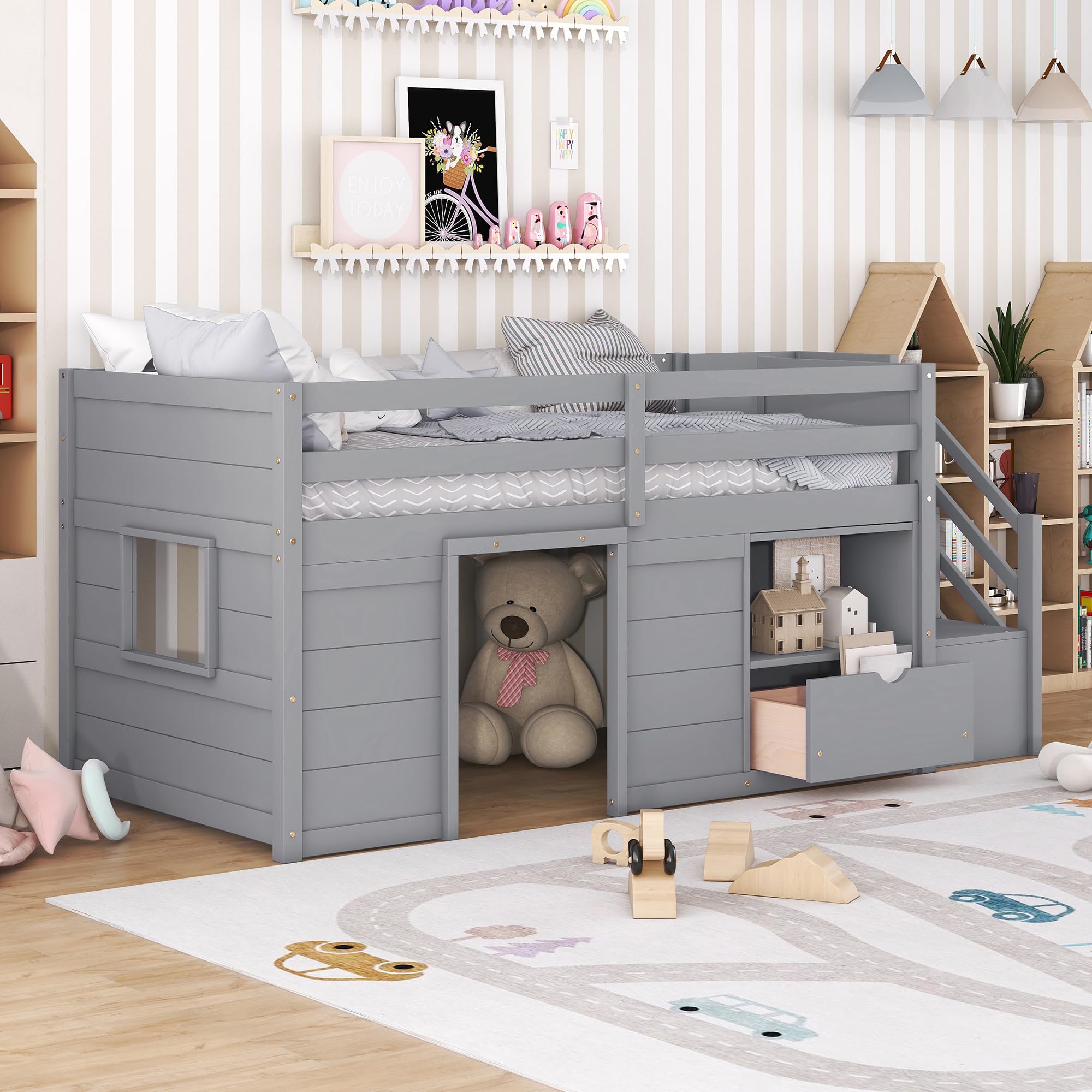 DEYOBED Twin Size Low Loft Bed with Play Space, Functional Solid Wood Bed Frame with Stair, Drawer and Shelf for Kids Girls Boys, Gray