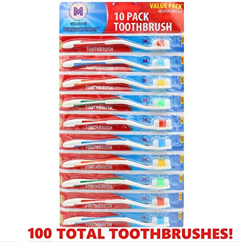 Millennium Bulk Individually Wrapped Standard Medium Bristle Toothbrushes for Travel, Hotel, Guests, Disposable use and More (100 Pack)