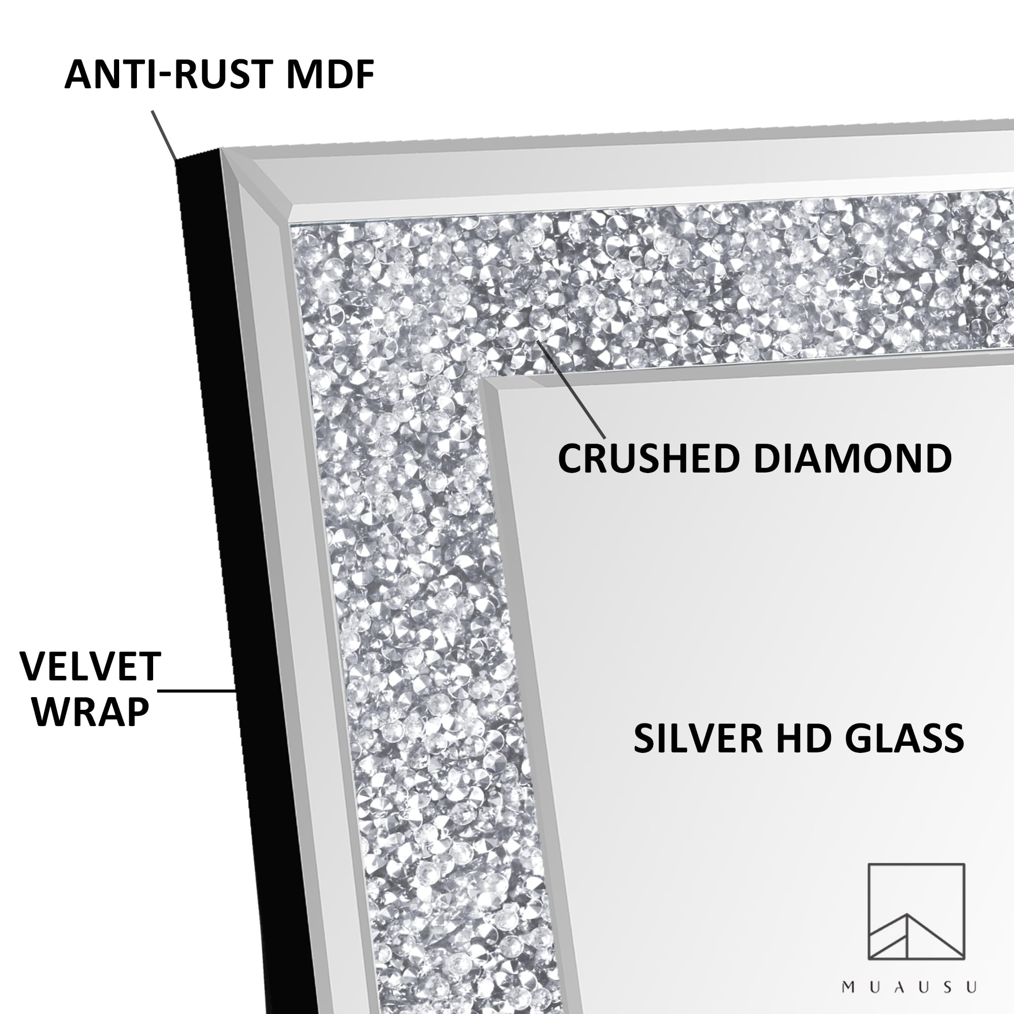 MUAUSU Crystal Full Length Floor Mirror- 59"×18" Crushed Diamond Full Body Mirror Silver Long Standing Mirror for Bedroom Living Room Bathroom Wall Mounted