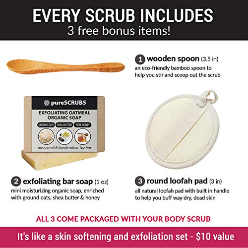 pureSCRUBS Premium Pink Himalayan Salt Body Scrub Set - Large 16oz LAVENDER SCRUB, Organic Essential Oils & Nutrients INCLUDES Wooden Stirring Spoon, Loofah & Mini Exfoliating Bar Soap