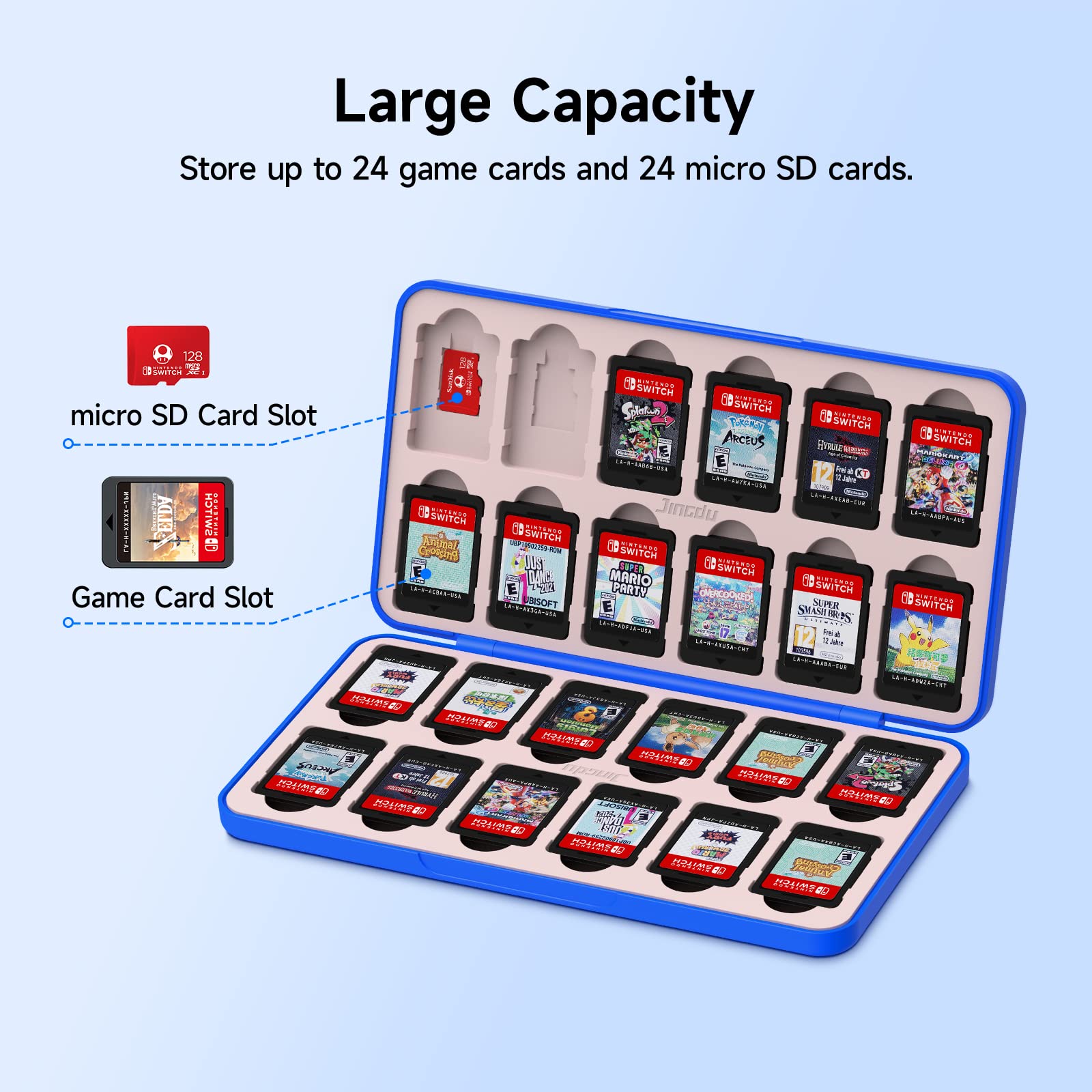 24-Slot Switch Game Card Case Compatible with Switch Game Cards & Micro SD Cards, The Games Holder Organizer Suitable for Switch, Lite & OLED Games, Blue Random Pattern