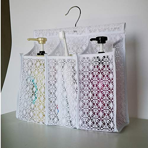 FVLFIL Hanging Lace Mesh Shower Caddy College with Hooks & 3 Pockets, Bath Baskets Organizer Storage for College Dorm Rooms, Gym, Swimming and Travel (White)