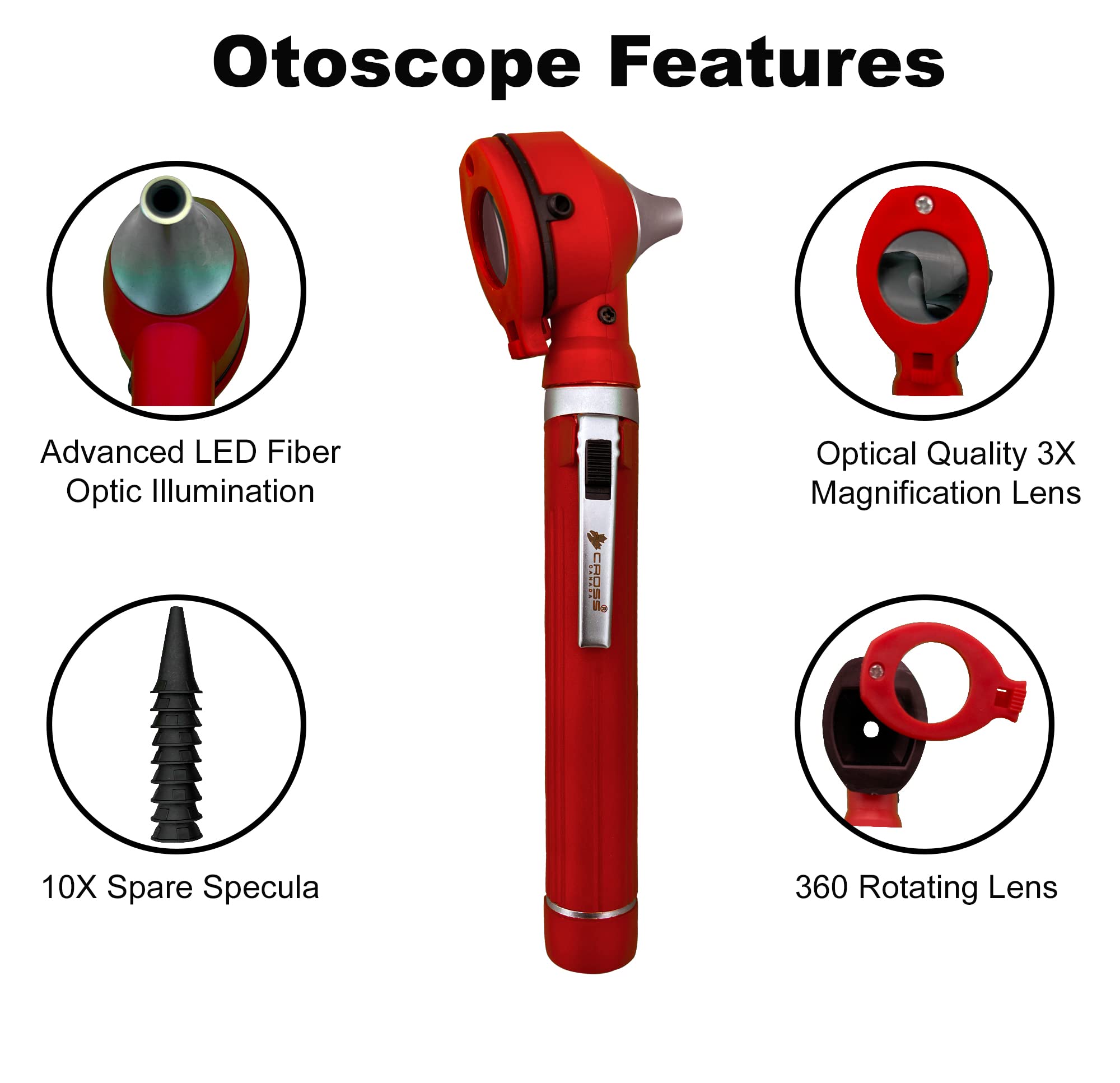 Cross Canada 11-082 Physician Fiber Optic LED Pocket Otoscope Diagnostic Set - Red
