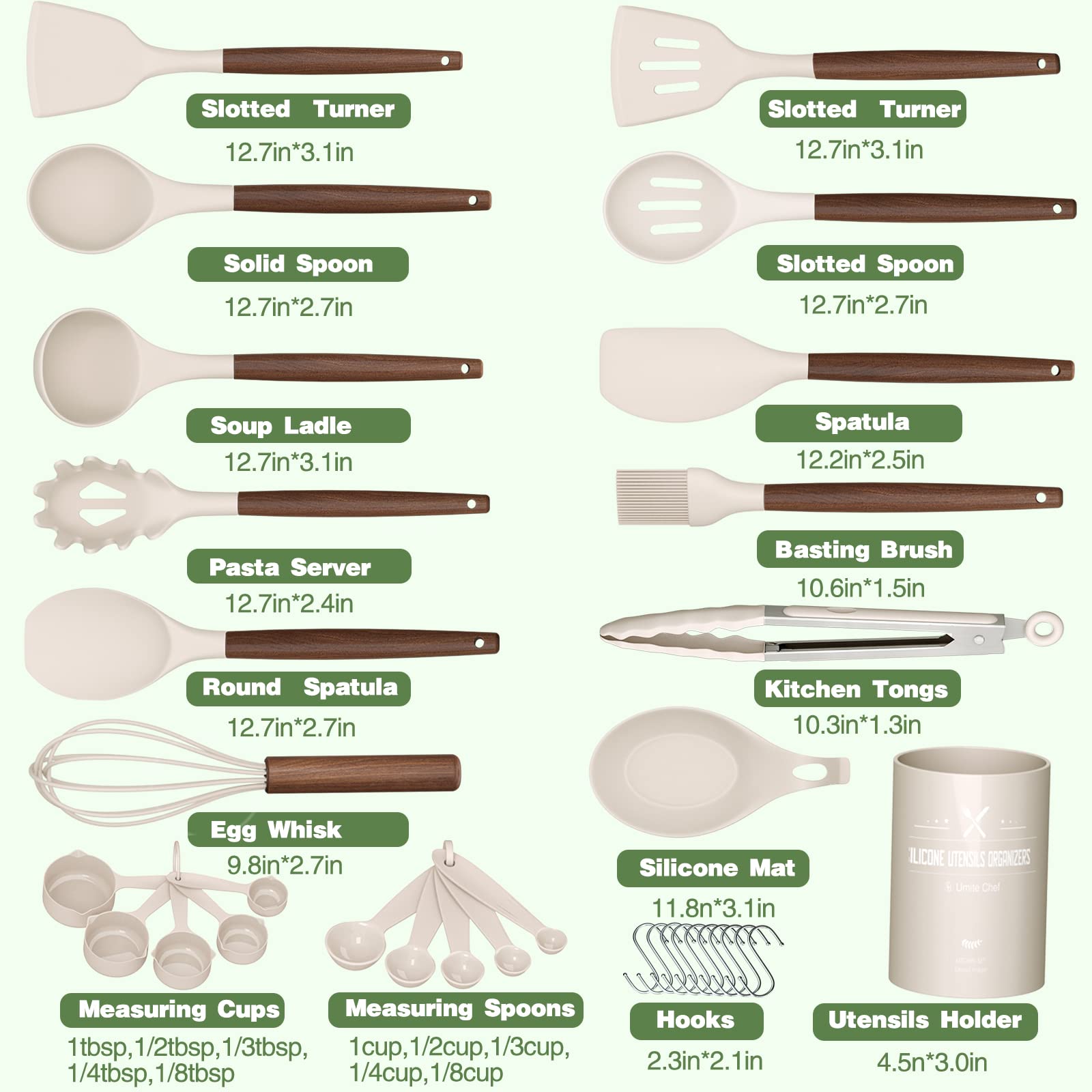 33 Pcs Silicone Kitchen Utensils Set, Khaki Kitchen Cooking Utensils Set with Black Natural Walnut Hard Wood Handle, Silicone Utensils Set with Holder, Heat Resistant, BPA Free, Non Toxic