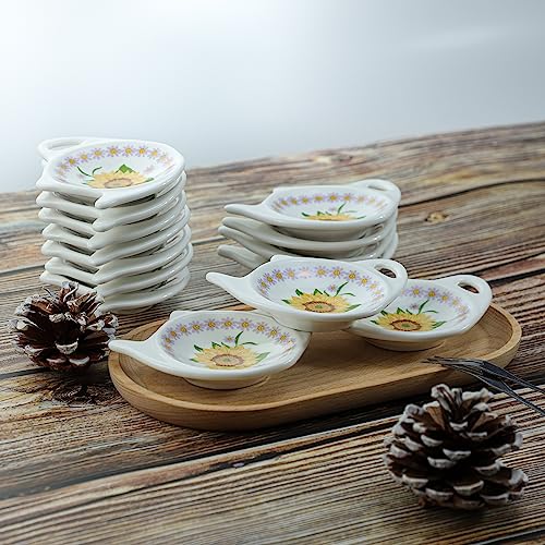 Bicuzat Floral Tea Bag Holder Tea Porcelain Accessories Teapot Shaped Tea Bag Coaster Resting Caddy Saucer 4 Inch/10cm-Sunflower and Daisy Pattern-Set of 10