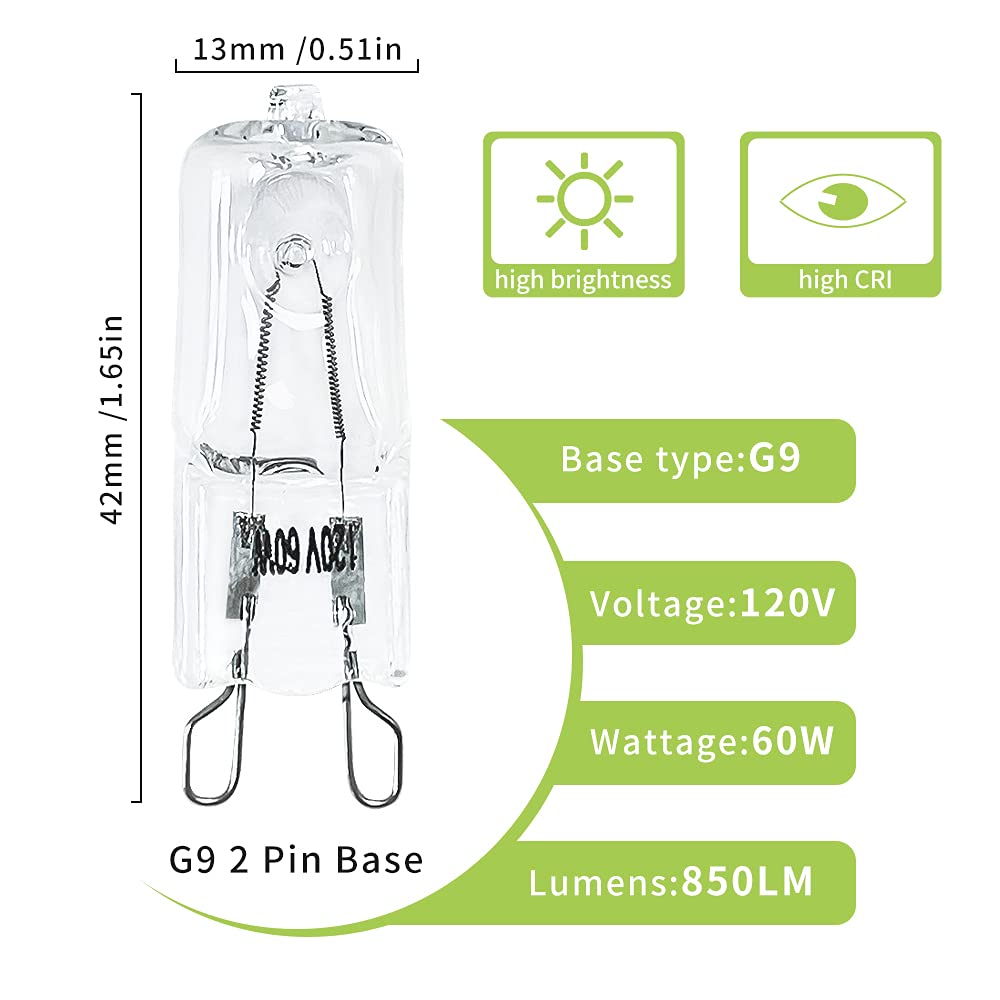 4vwin G9 Halogen Light Bulbs 2 Pin Base JC Type 120V T4 Bi-Pin 60W Small Light Bulb for Range House Hood Lights, Microwave Ovens, Bathroom Light Bulbs, Chandeliers (10, 60W 120V)
