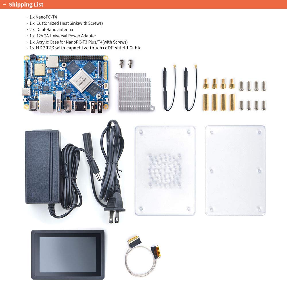 NanoPC-T4 RK3399 ARM Dual-Display Mini PC LPDDR3 RAM 4GB Gbps Ethernet,Support Android 8.1 and Lubuntu 16.04 for AI Project, Bundle with 7inch eDP LCD Touch Display