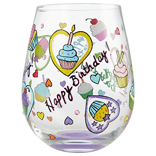Enesco Designs by Lolita Birthday Cupcakes Hand-Painted Artisan Stemless Wine Glass, 1 Count (Pack of 1), Multicolor